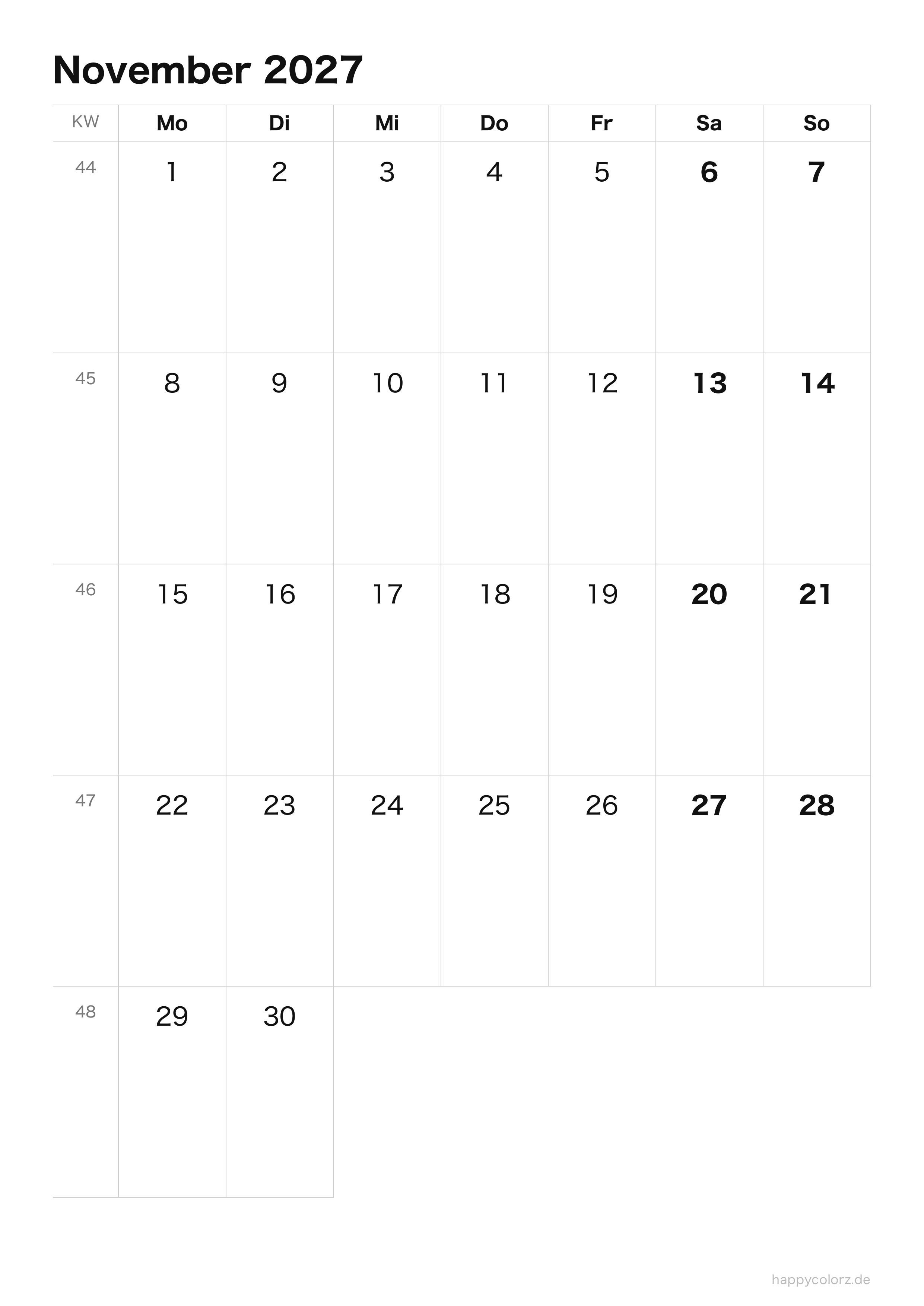 November 2027 Kalender ausdrucken – Allerheiligen, Advent, 7 Designs